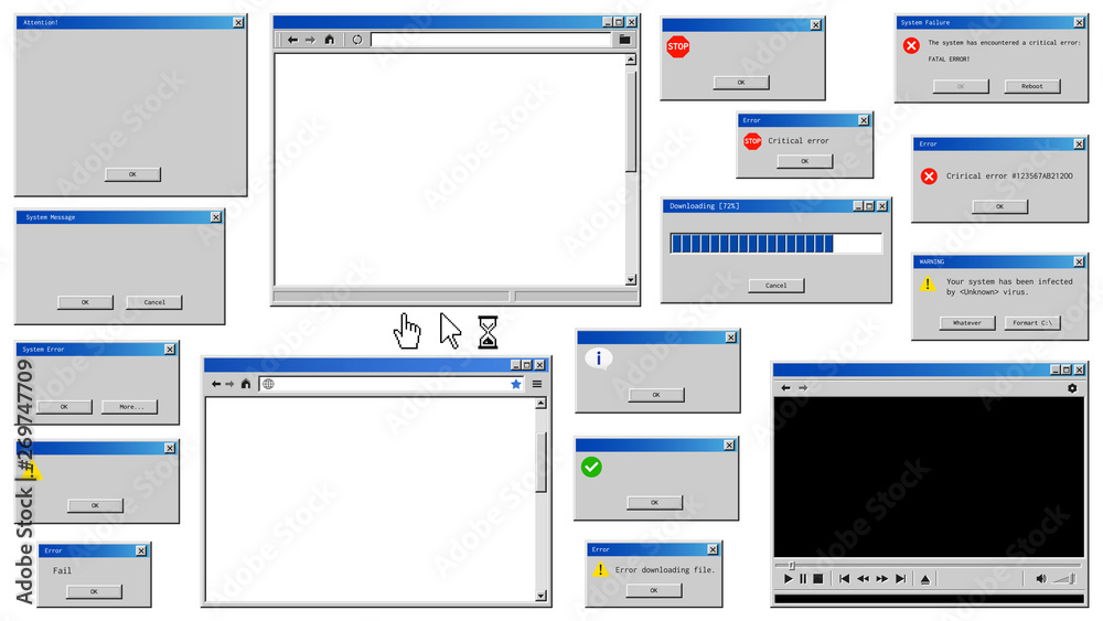 Vetor de Old user interface windows. Retro browser and error message ... Vetor de Old user interface windows. Retro browser and error message ...