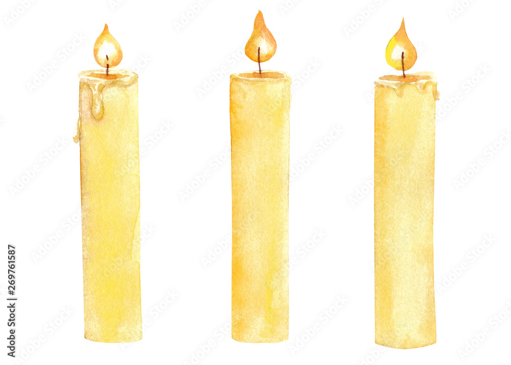 Watercolor hand drawn set with yellow candles with flame isolated on ...