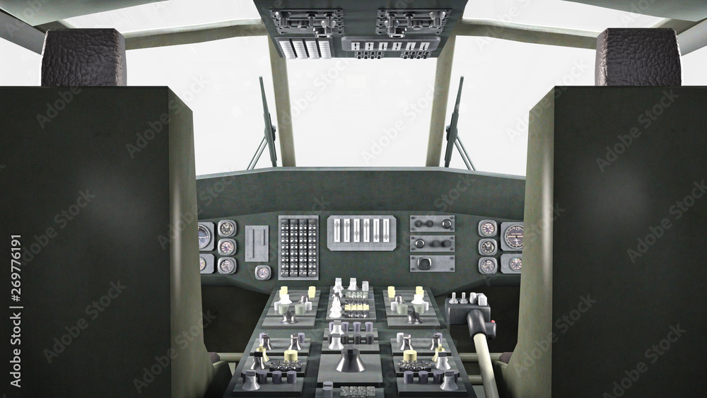 Cockpit of helicopter in flight, military aircraft, army chopper ...