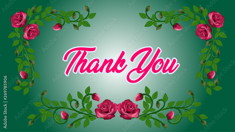 Thank You Card Romantic Roses Vines And Flourishes With Green Color Background Stock ...