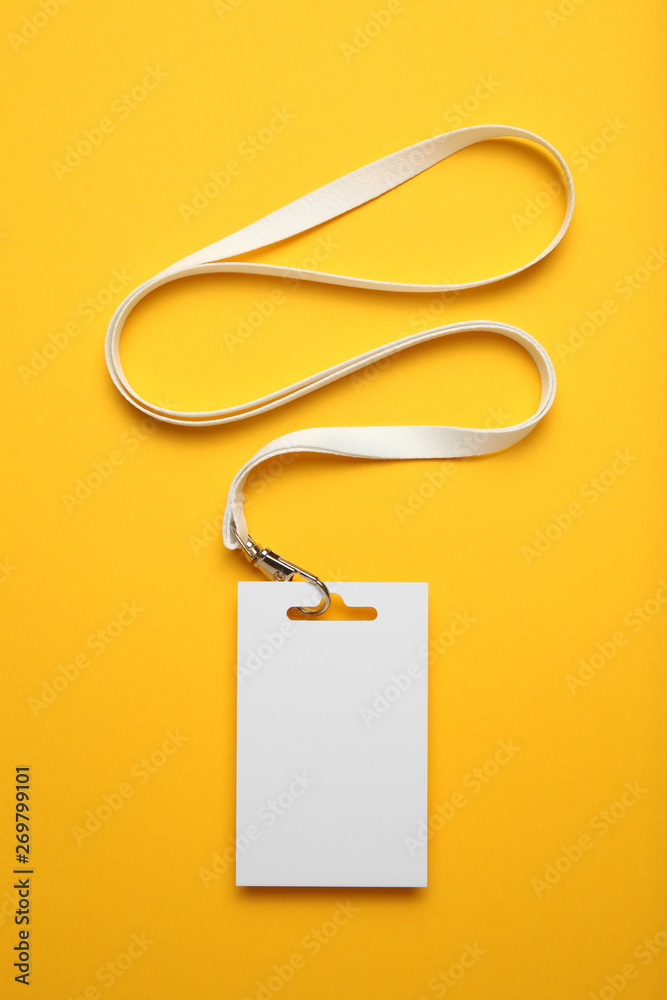 Name tag badge mockup, event identification on yellow background. Stock ...