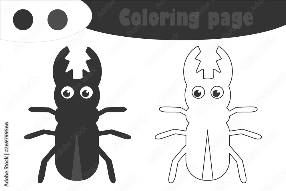 Beetle in cartoon style, coloring page, spring education paper game for ...