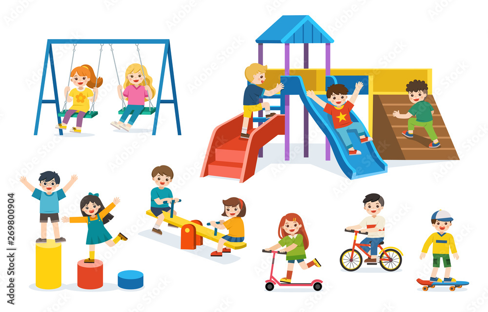 Set of Happy excited kids having fun together. Children playing in ... Set of Happy excited kids having fun together. Children playing in ...