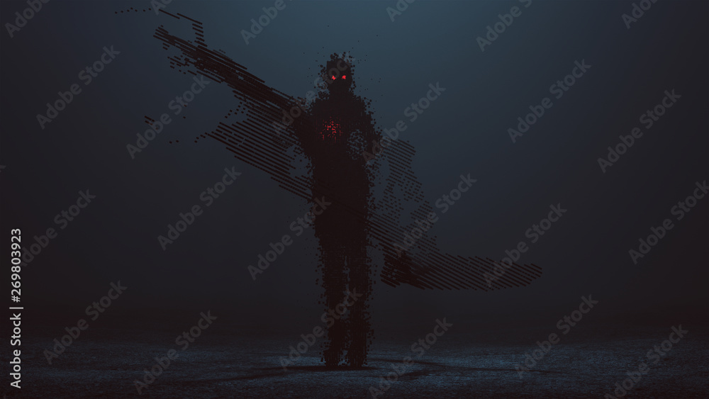 Futuristic Cyber Punk Demon Digital Virus in Long Boots Waving at ...