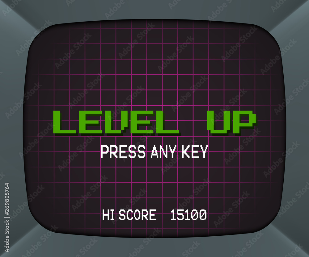 Arcade machine screen level up, vintage vector background Stock Vector ...