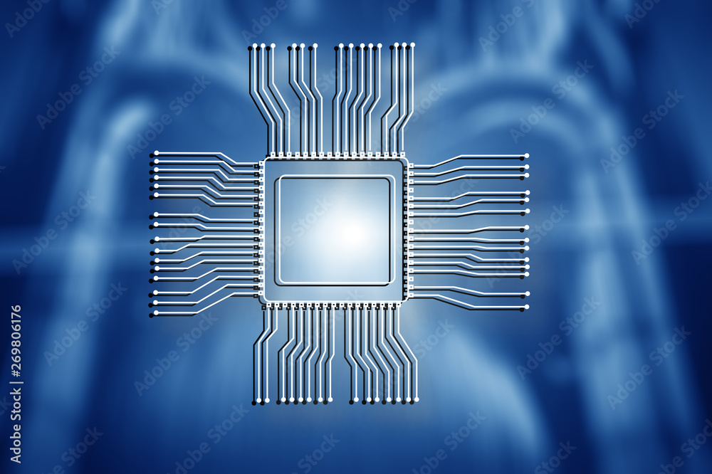 CPU chip logo on blurred abstract server room background. Technology ...