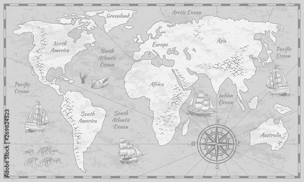 Gray world map. Earth antiquity paper map with continents ocean sea old ...