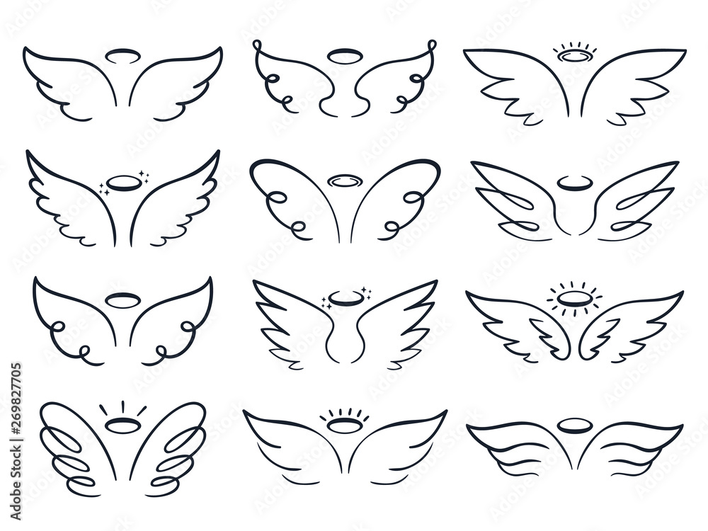 Cartoon sketch wing. Hand drawn angels wings spread, winged icon doodle ...
