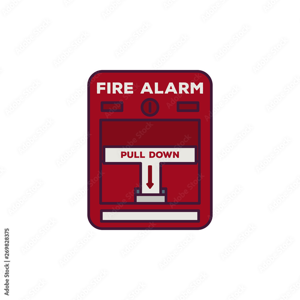 Fire alarm box. Fire alarm text, pull down switch. Line style vector ...