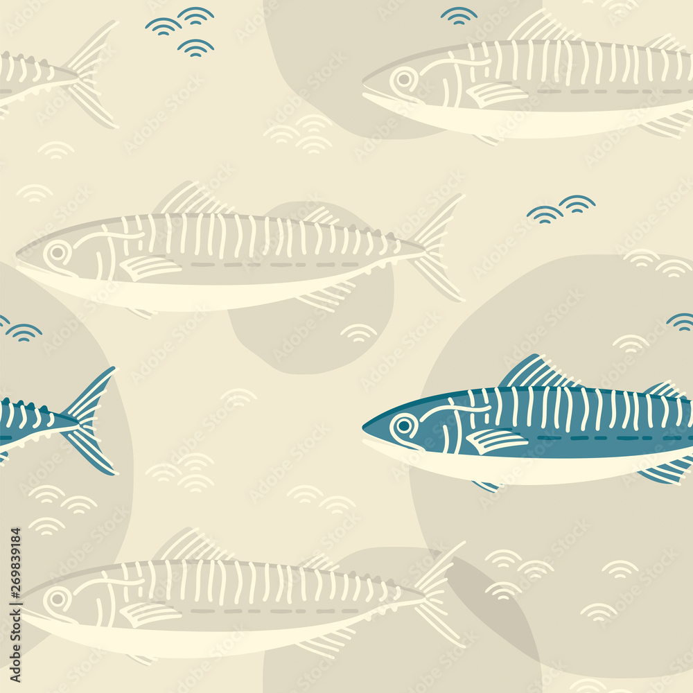 seamless vector modern pattern design with hand drawn mackerel fish ...