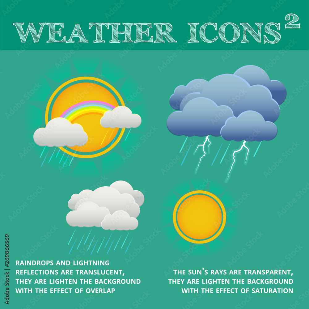 Cartoon weather transparent icons. Sun, clouds, rain, lightning. Vector ...