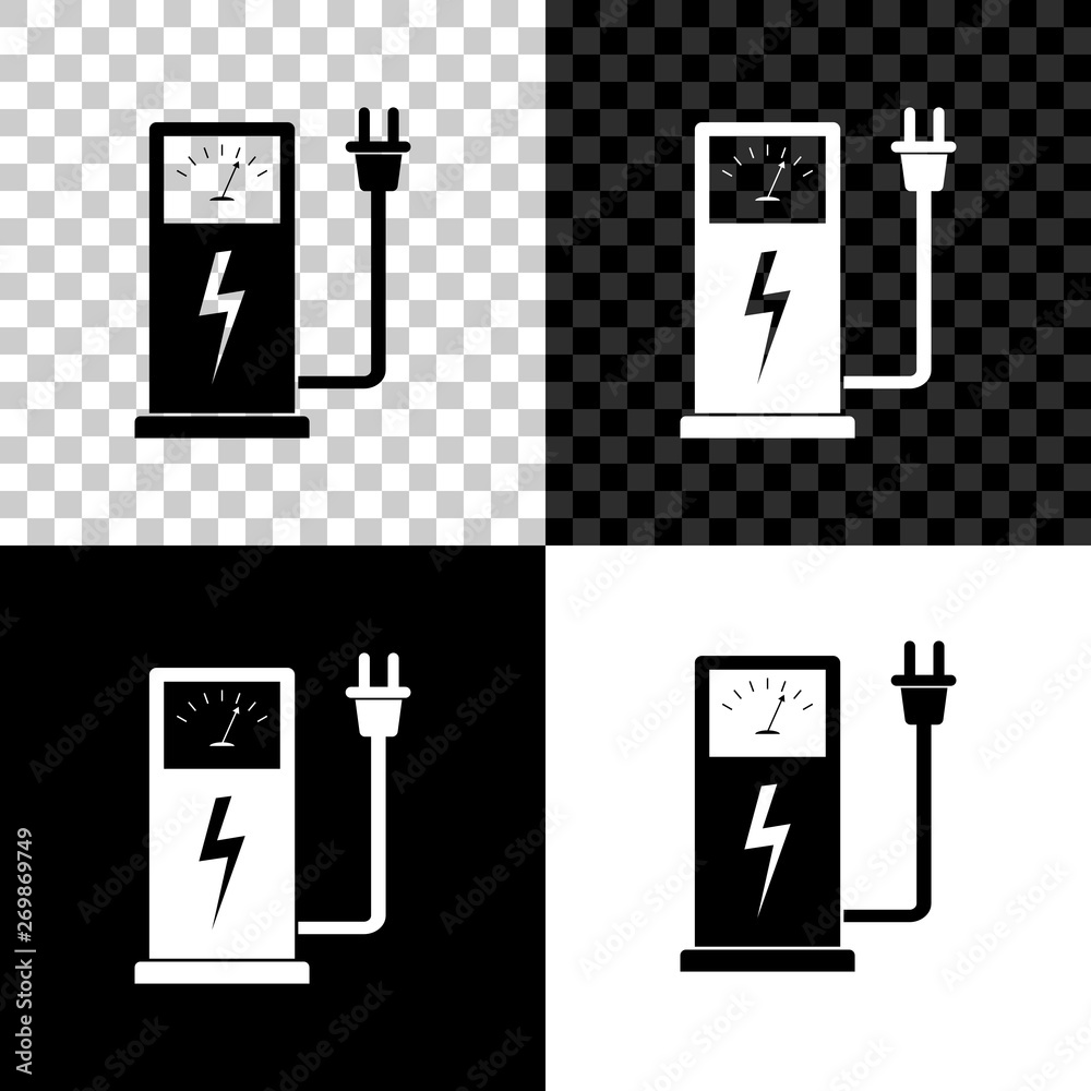 Electric car charging station icon isolated on black, white and ...