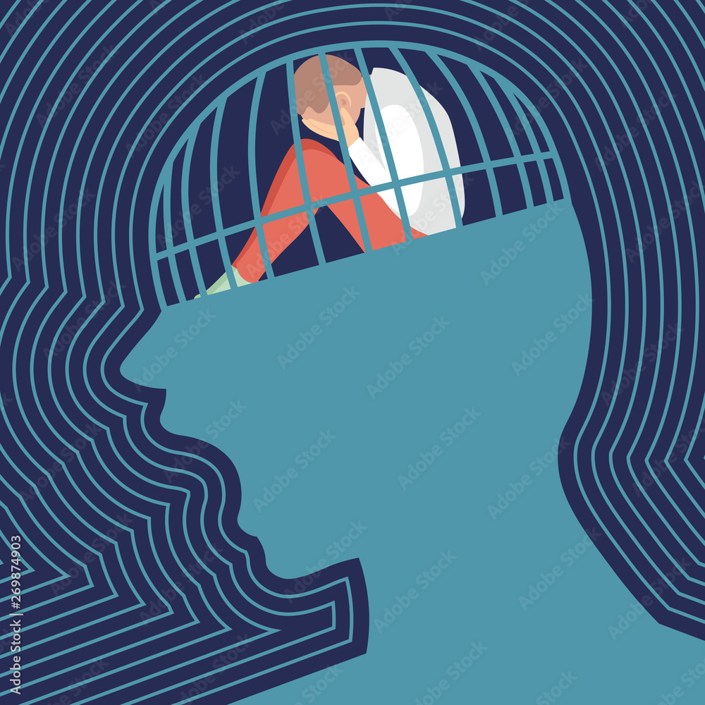 sad person is siting and crying in a screaming head prison. Concept of ...