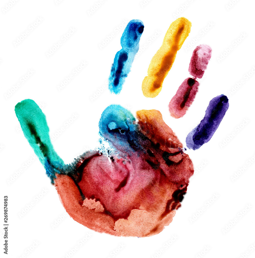 Watercolor colorful handprint. The picture was obtained by applying ...