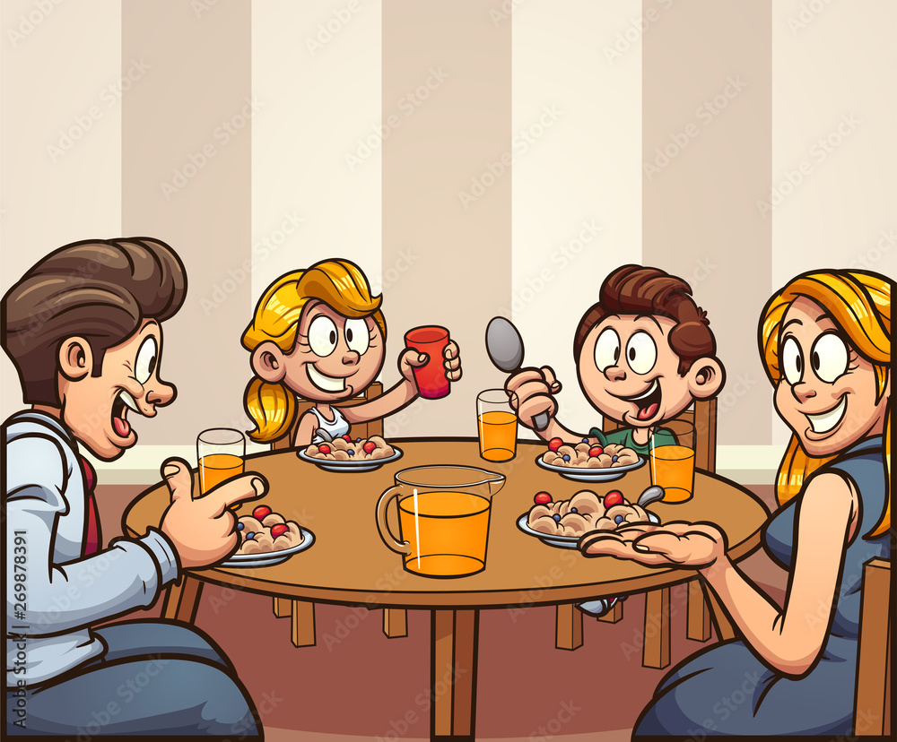 Cartoon family having breakfast eating at the table clip art. Vector ...