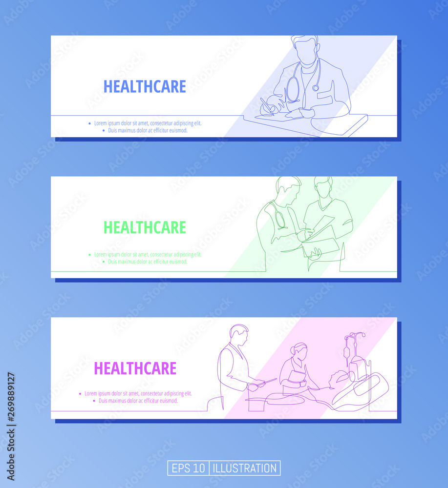 Set of banners. Continuous line drawing of healthcare symbols, doctor ...