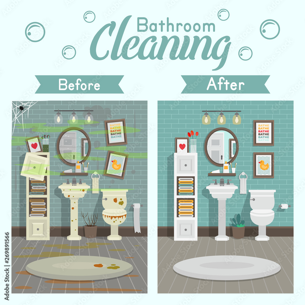 Clean and dirty bathroom with toilet sink bath and accessories in a ...