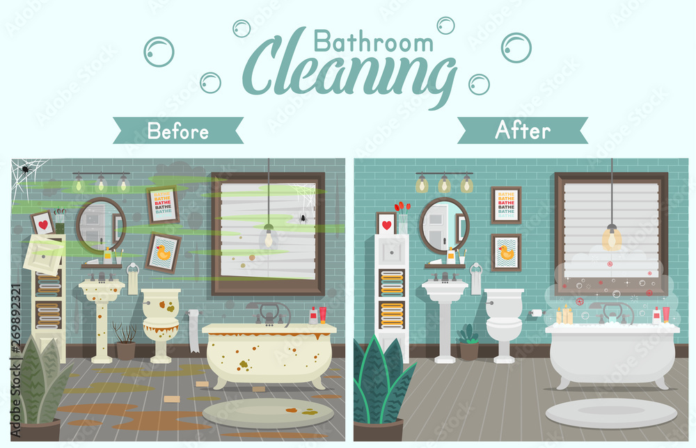 Vetor de Clean and dirty bathroom with toilet sink bath and accessories ...