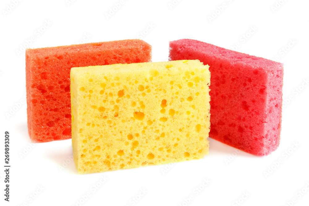 Colored sponges for washing dishes and other domestic needs. Three ...