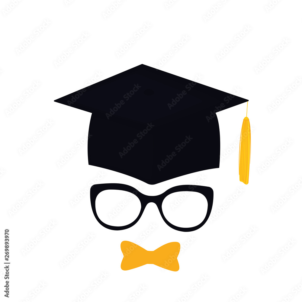 Graduate in graduation hat with tassel, eyeglasses and bow-tie ...