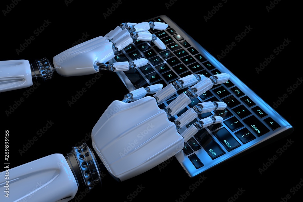 Robot hands typing on keyboard, keypad. Robotic hand cyborg using ...
