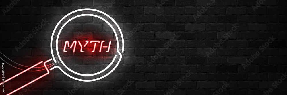 Vector realistic isolated neon sign of Myth logo with magnifying glass ...