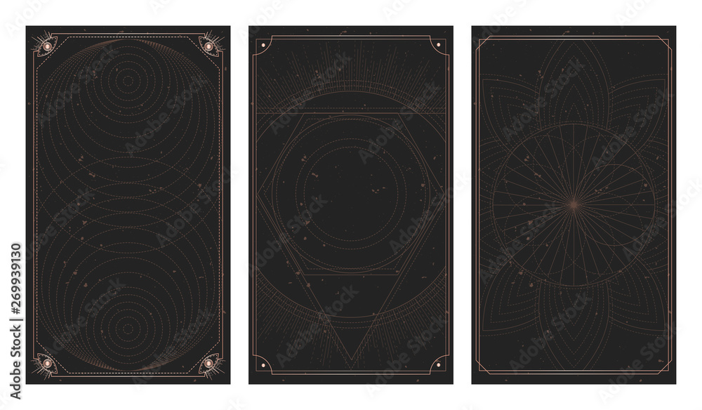 Vector set of three dark backgrounds with geometric symbols, grunge ...