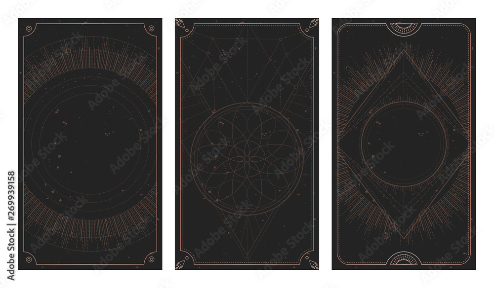 Vector set of three dark backgrounds with geometric symbols, grunge ...