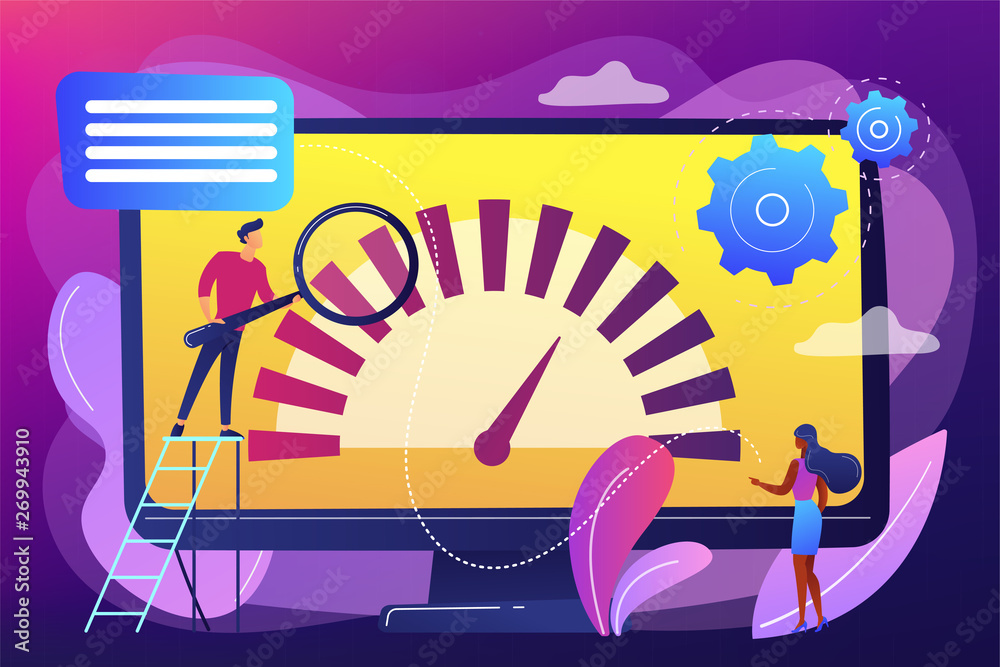 Tiny business people look at product performance indicator. Benchmark ...