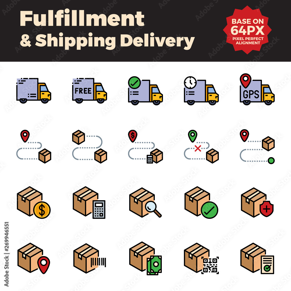 Fulfillment and shipping delivery filled outline icons. Base on 64px ...