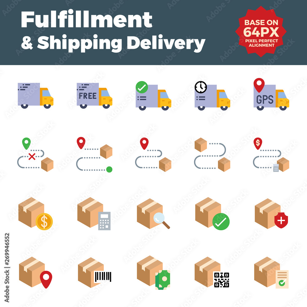 Fulfillment and shipping delivery flat icons. Base on 64px with pixel ...