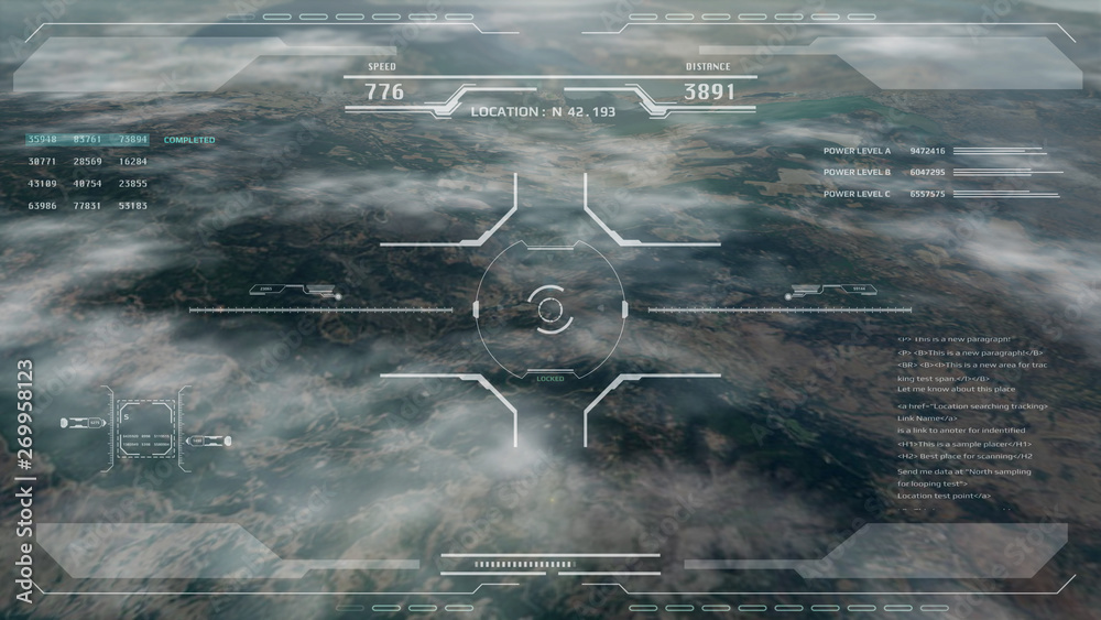 Aerial view HUD digital futuristic surveillance monitor screen display ...