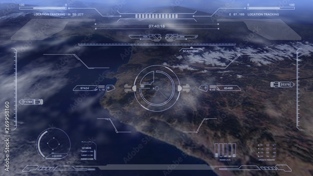 Aerial view HUD digital futuristic surveillance monitor screen display ...