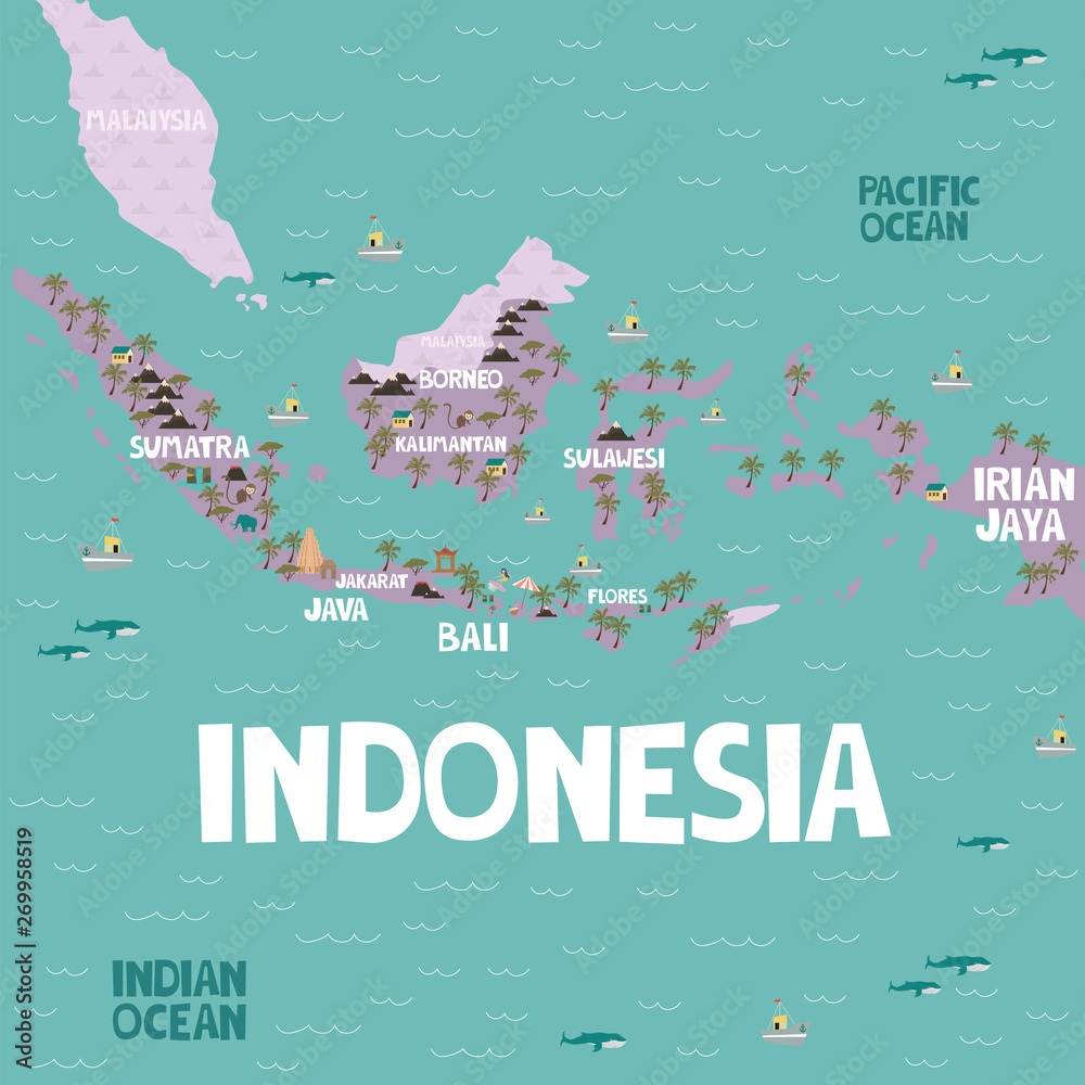 Illustrated map of Indonesia with cities and landmarks. Editable vector ...