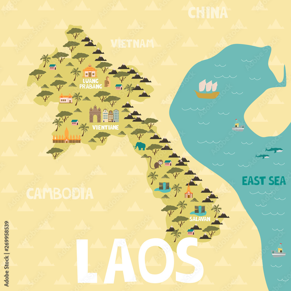 Illustrated map of Laos with cities and landmarks. Editable vector ...