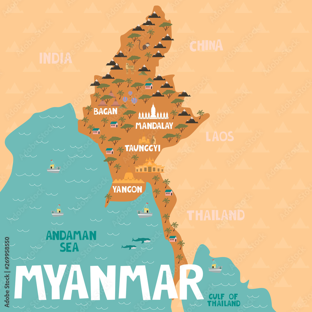 Illustrated map of Myanmar with cities and landmarks. Editable vector ...
