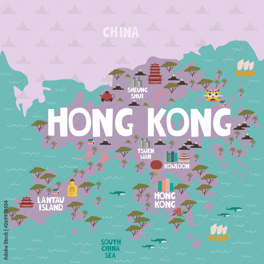 Poster Illustrated map of Hong Kong with cities and landmarks – Wall ...