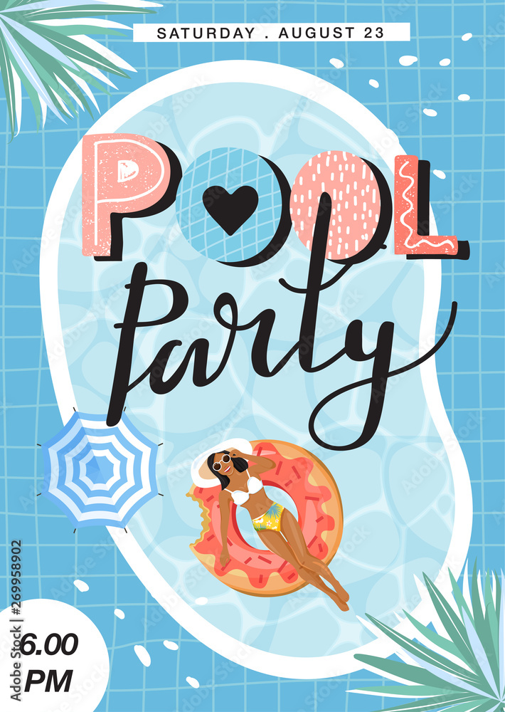 Pool party invitation banner. Woman floating and sunbathing on ...