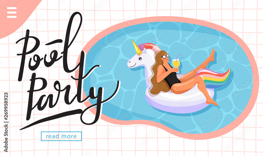 Pool party invitation landing page template. Woman floating and ...