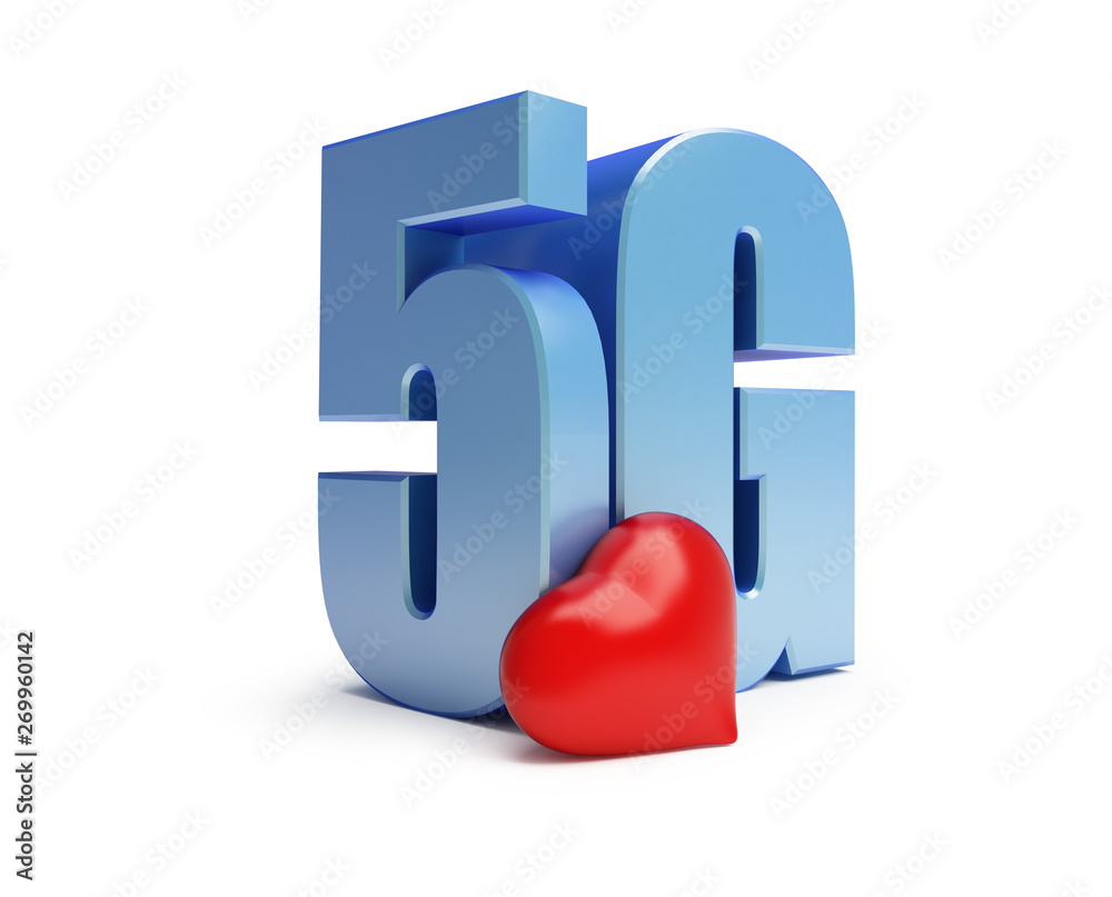 5g red heart sign on a white background 3D illustration, 3D rendering ...