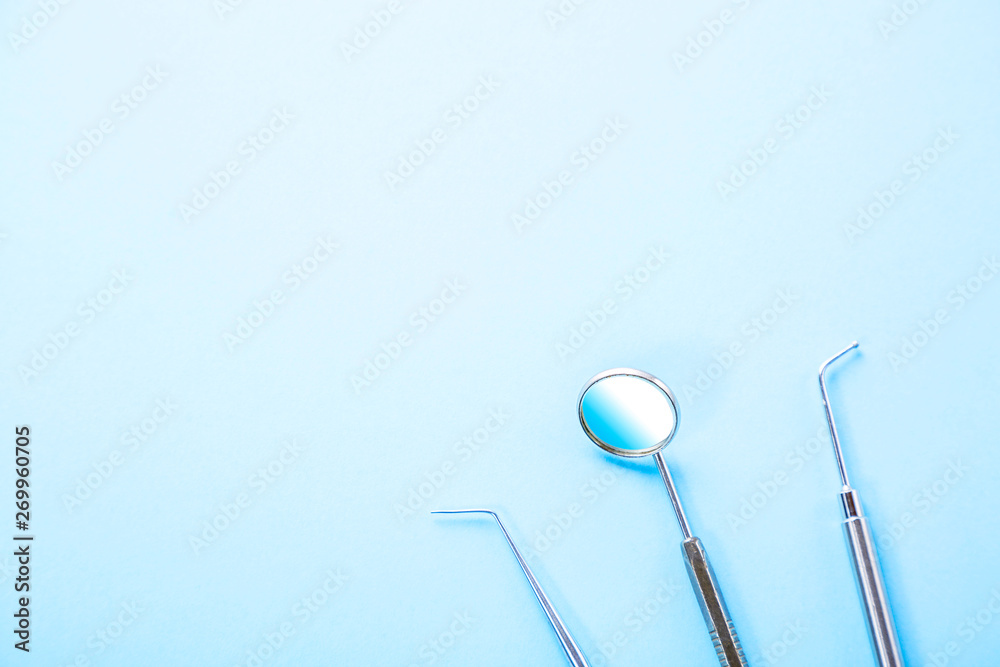 Dentist tools. Professional steel dental instruments with a mirror on ...