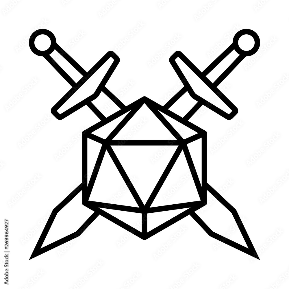 Swords crossed with 20 sided / d20 or 20d dice line vector icon for ...