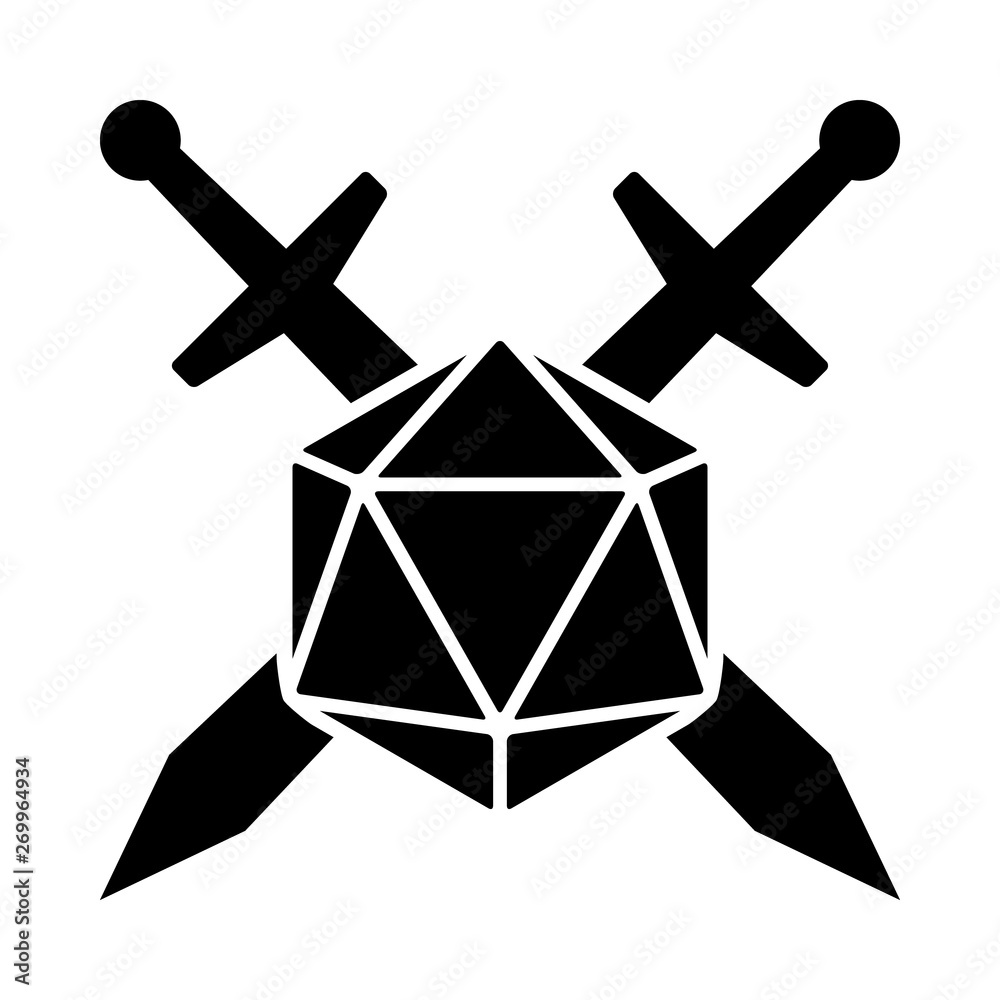 Swords crossed with 20 sided / d20 or 20d dice flat vector icon for ... Swords crossed with 20 sided / d20 or 20d dice flat vector icon for ...