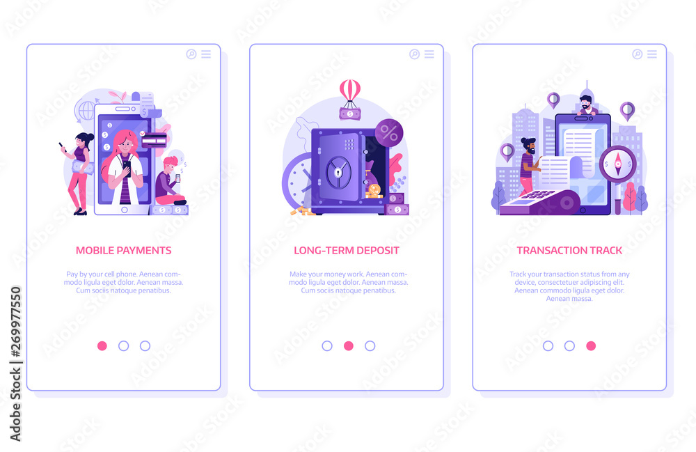 Online banking application UI onboarding screen illustrations with ...