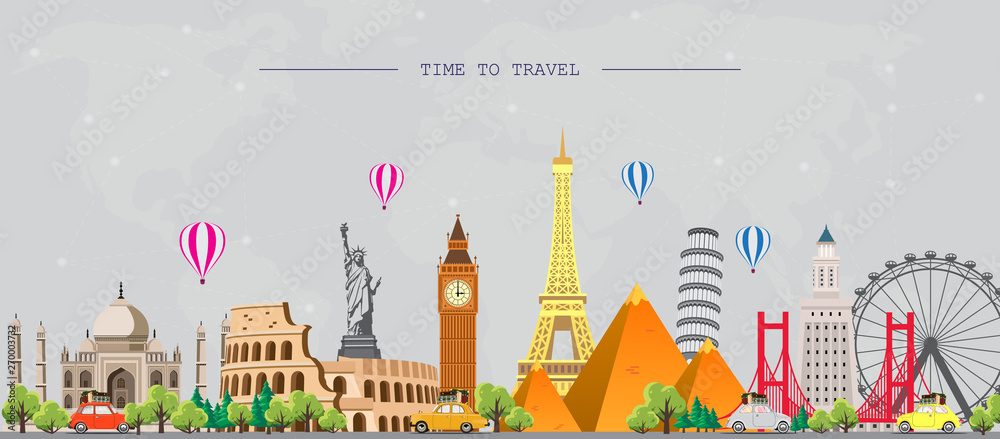 Travel to World. Road trip. Big set of famous landmarks of the world ...