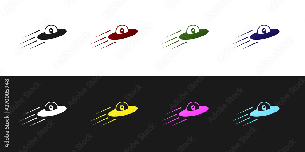 Set UFO flying spaceship and alien icon isolated on black and white ...