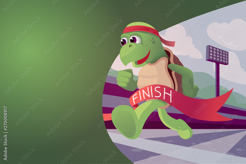 the tortoise runs, the tortoise crosses the finish line, the fast ...