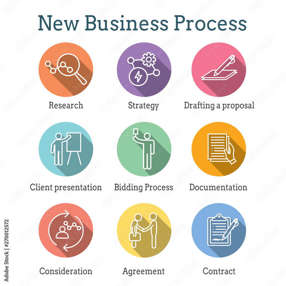 New Business Process Icon Set with Bidding Process, Proposal, Contract ...