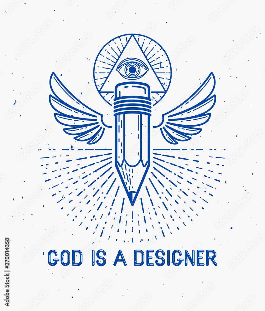 God is a designer concept, pencil with wings and all seeing eye of God ...