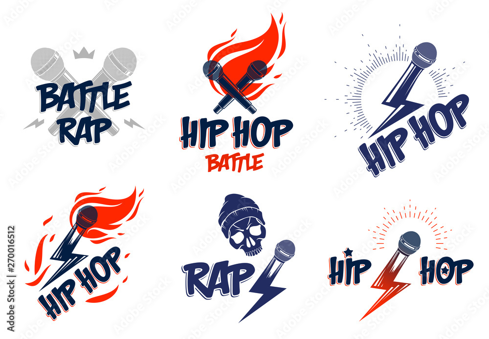 Rap music vector logos or emblems set with microphone in hand flames ...